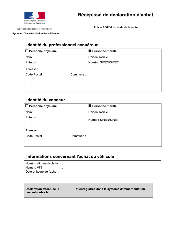 Déclaration d'achat - Immatriculation-Véhicule.com